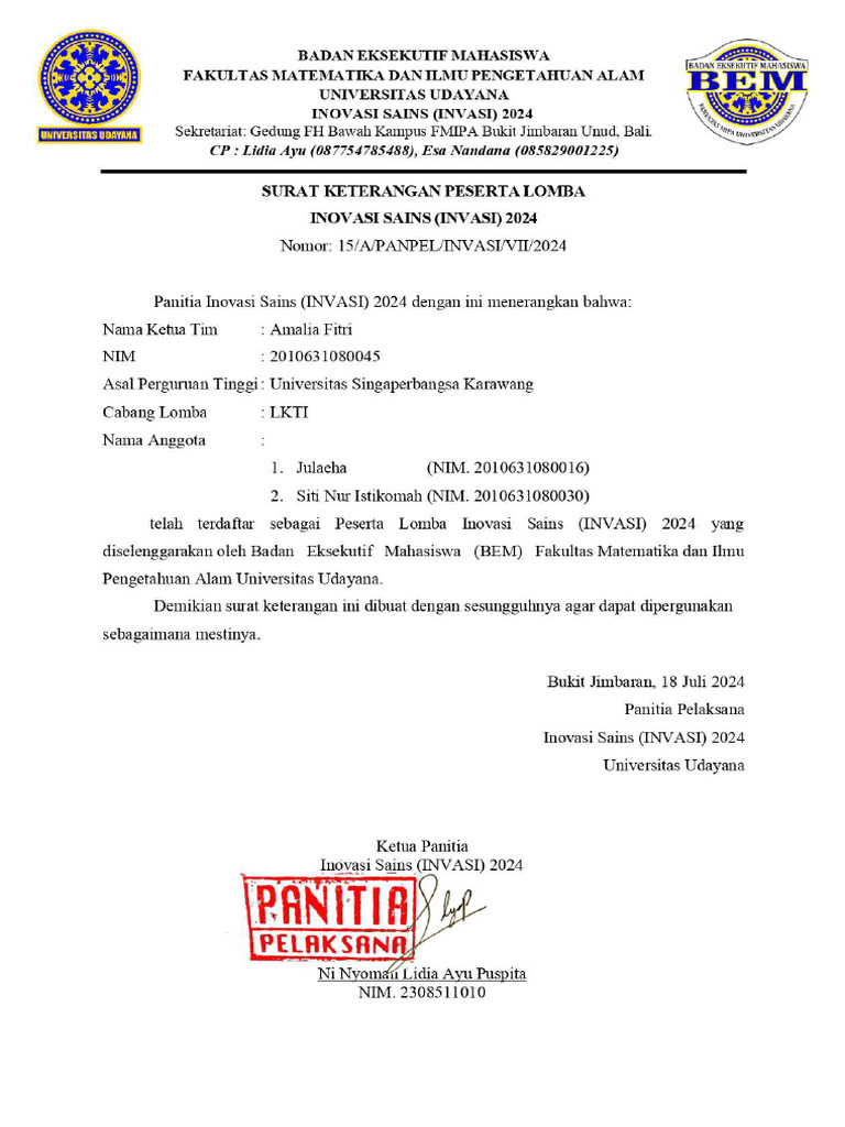15 - Surat Keterangan Peserta Lomba - INVASI 2024 | PDF