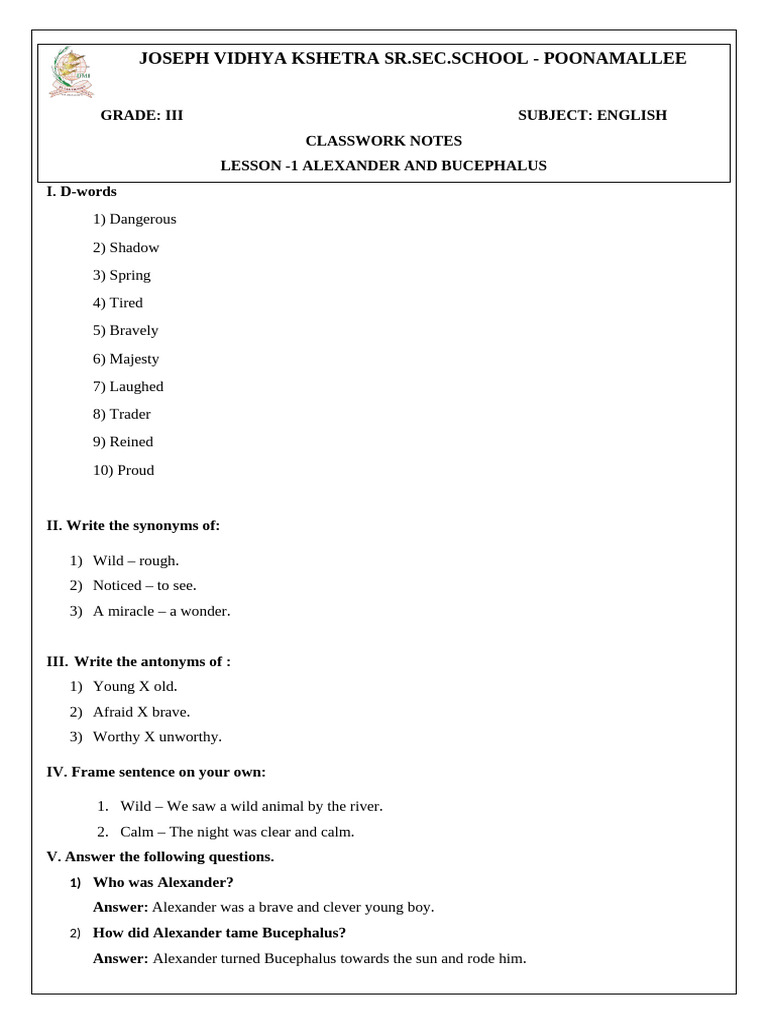 Grade III Unit 1 Classwork | PDF