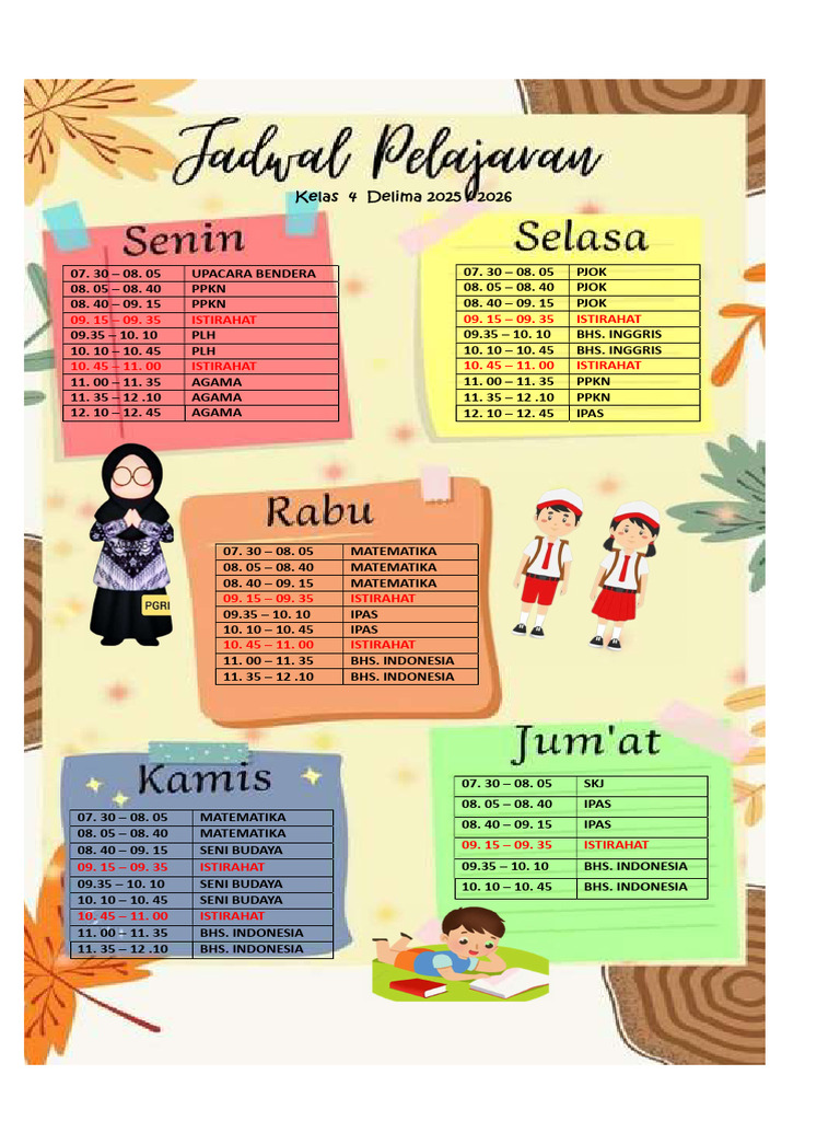 Jadwal Pelajaran Kelas 4 Delima 2025-2026 | PDF