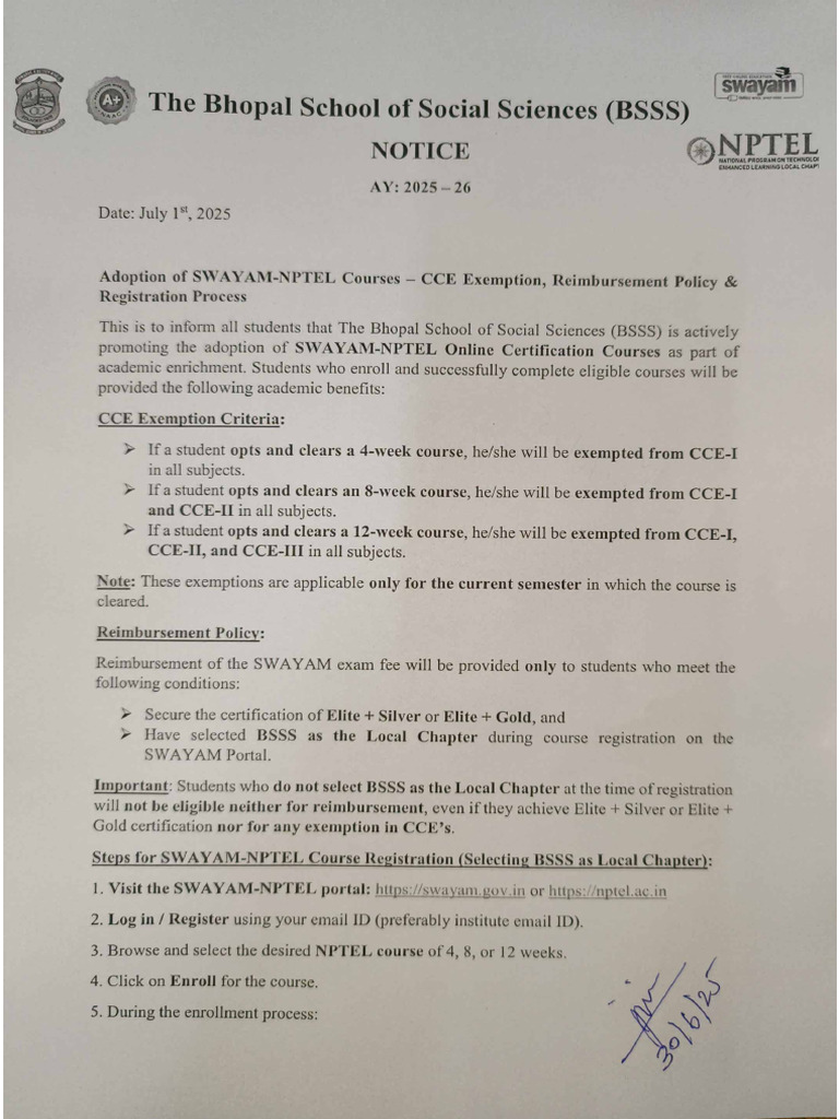 SWAYAM NPTEL Course CCE and Reimbursement Policy | PDF