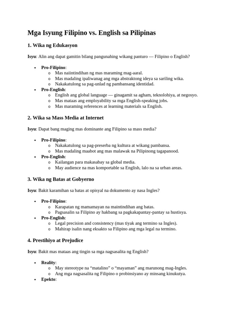 Mga Isyung Filipino Vs Englsih | PDF
