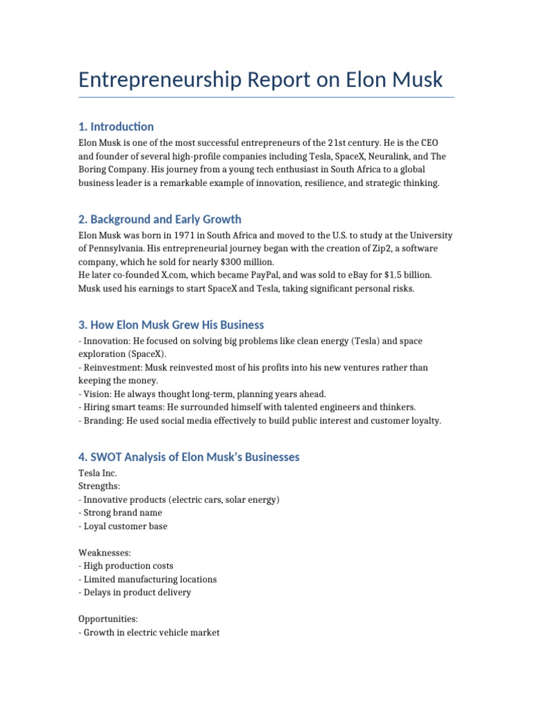 Elon Musk Entrepreneurship Report | PDF | Elon Musk | Space X