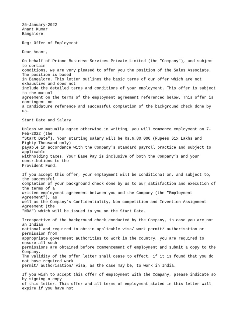 Offer Letter Anant Kumar | PDF | Employment | Business