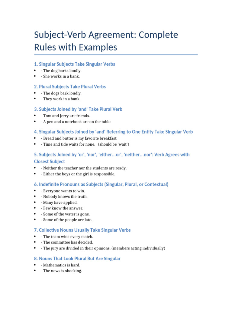 Subject Verb Agreement Rules | PDF | Grammatical Number | Plural