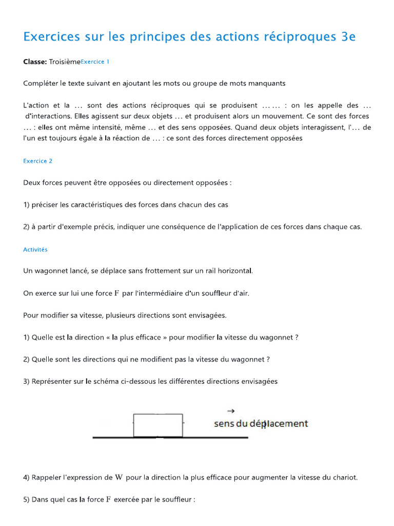 Exercices Sur Les Principes Des Actions Réciproques 3e | PDF