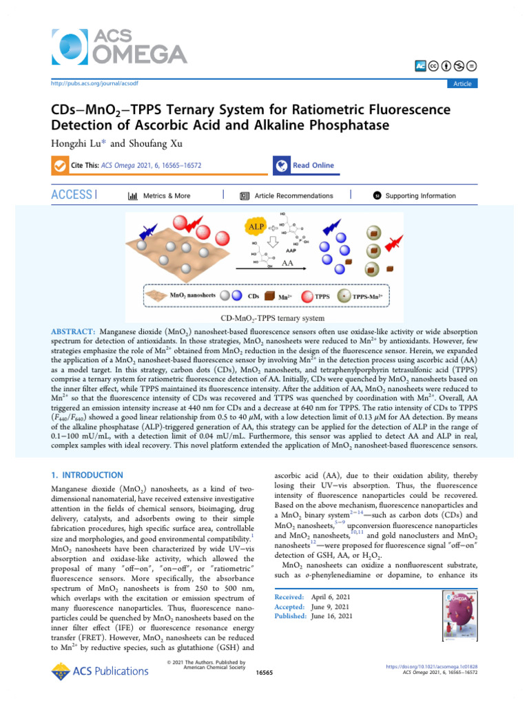 Lu Xu 2021 Cds Mno2 Tpps Ternary System For Ratiometric Fluorescence Detection of Ascorbic Acid ...