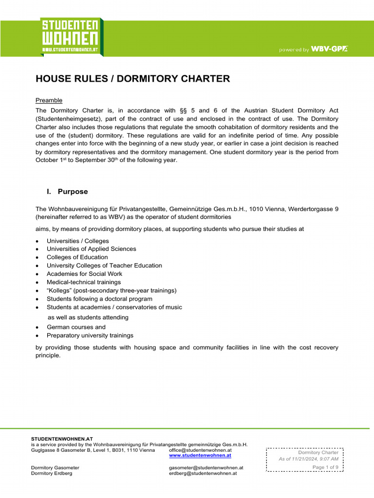 04 House-Rules Dormitory-Charter Gasometer Erdberg en | PDF | Dormitory | Payments