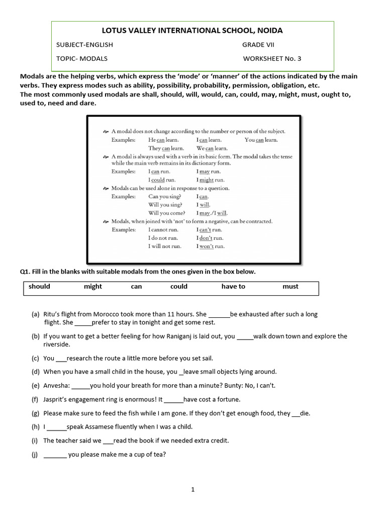 Modals Grade 7 Worksheet | PDF | Linguistic Morphology | Grammar