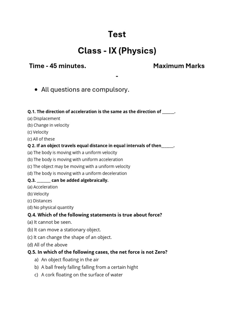 Test Class 9 Physics - English | PDF