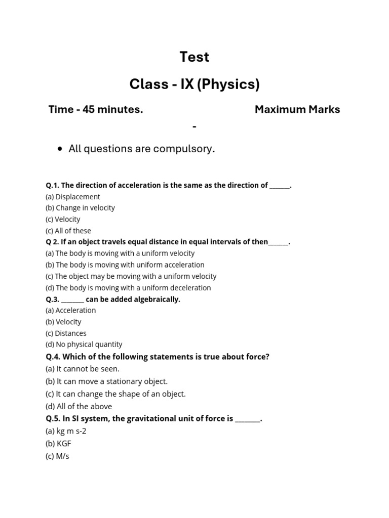 Physics IX Test Questions | PDF