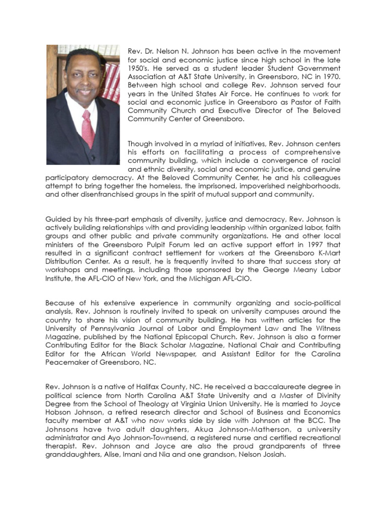 Rev. Dr. Nelson Johnson's Bio | PDF | Greensboro | North Carolina