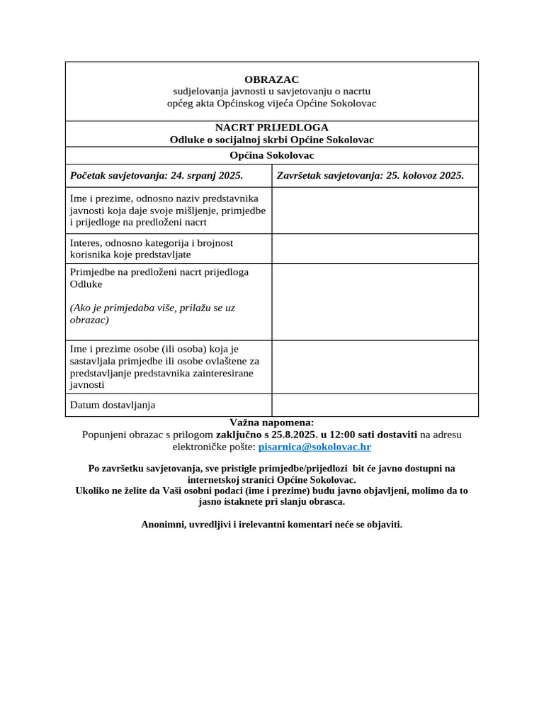 Obrazac Za Sudjelovanje Zainteresirane Javnosti | PDF