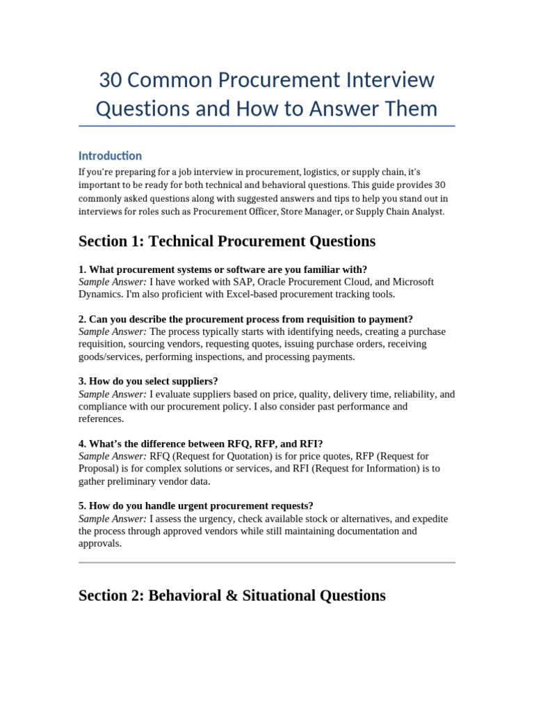 30 Common Procurement Interview Questions and How To Answer Them | PDF ...