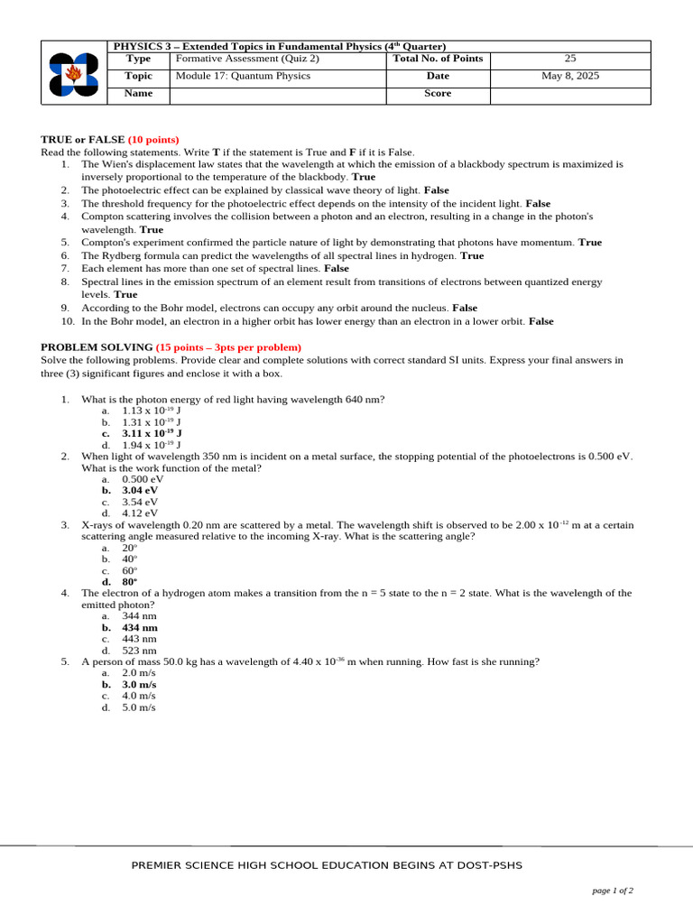Quantum Physics Quiz Assessment | PDF | Electron | Photon