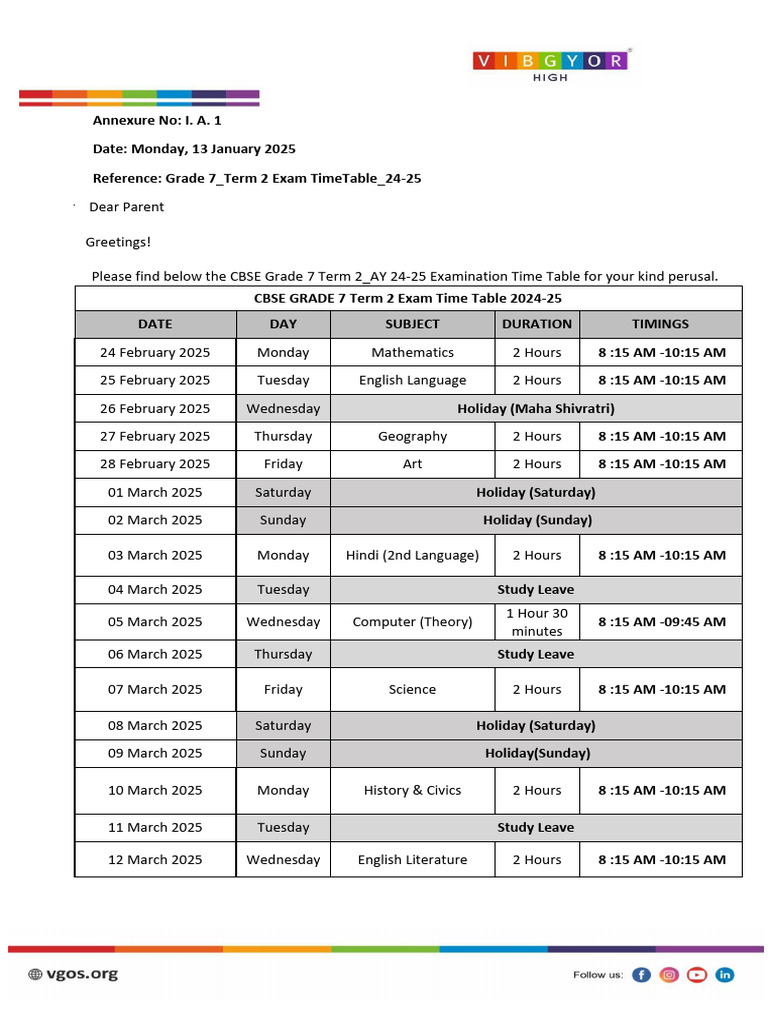 Annexure 1.a.1 Cbse Grade 7 Term 2 Exam Timetable 24 25 | PDF
