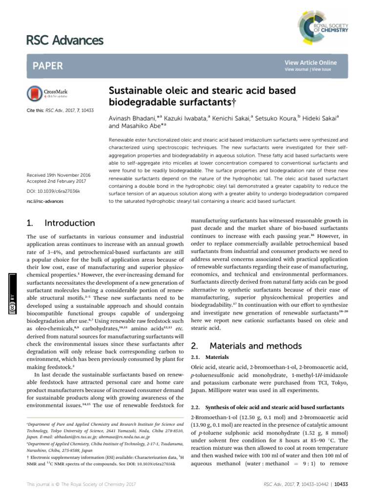 Bhadani Et Al. - 2017 - Sustainable Oleic and Stearic Acid Based Biodegradable Surfactants | PDF ...