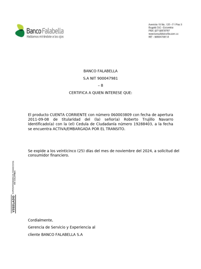 Cuenta Embargada Bco Fallabella | PDF