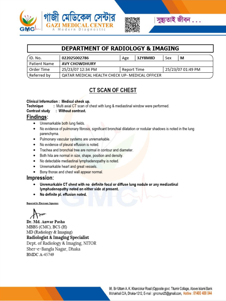 CT Chest Scan Report for Avy Chowdhury | PDF