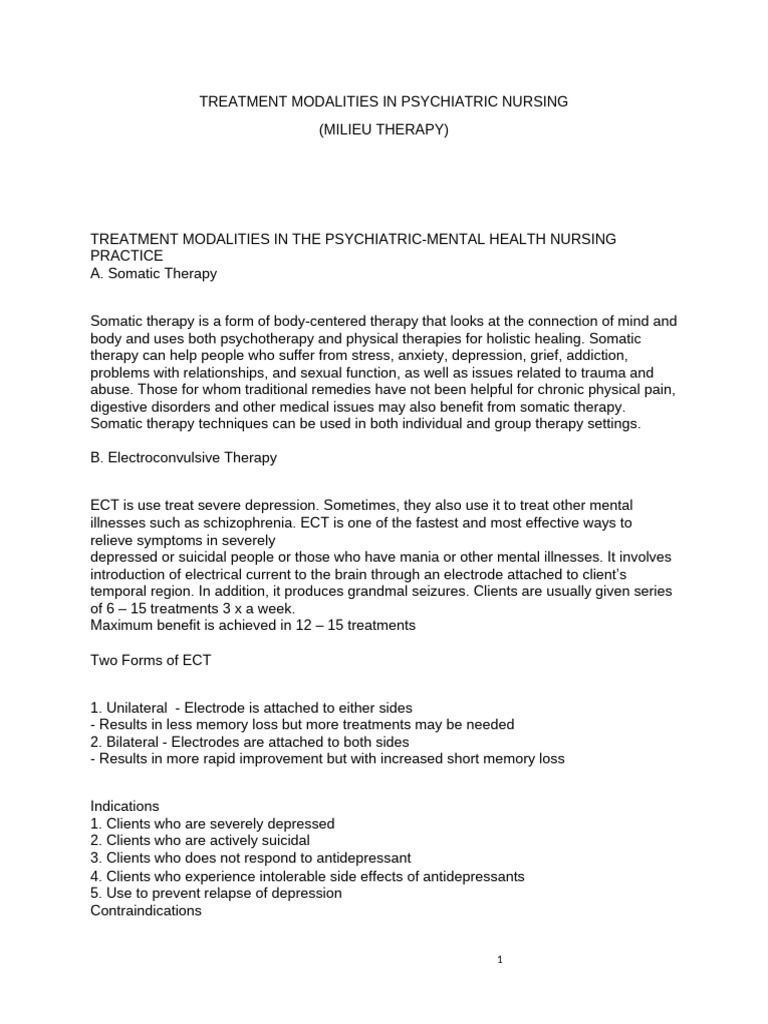 Treatment Modalities in Psychiatric Nursing Word Miriam | PDF ...