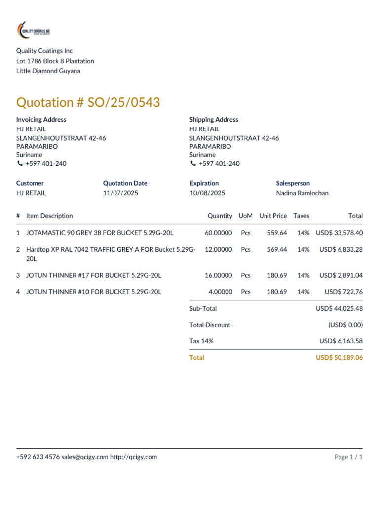 Quotation SO/25/0543 for HJ Retail | PDF