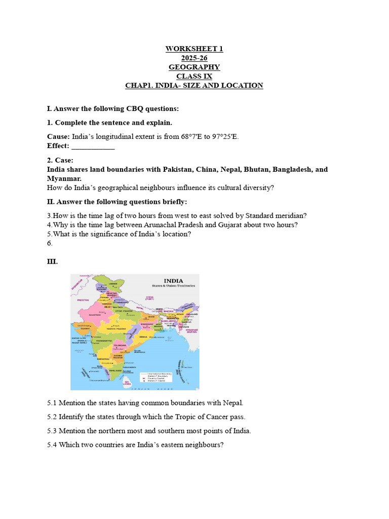India Geography Worksheet for Class IX | PDF