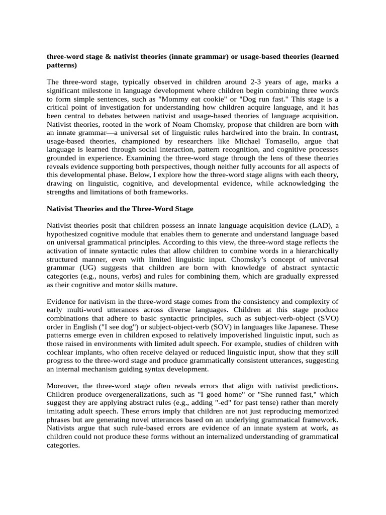 Three-Word Stage & Nativist Theories | PDF | Language Acquisition | Syntax