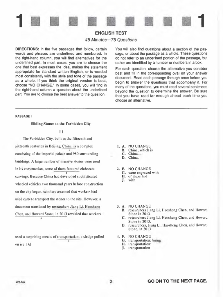 ACT Form B04 No Answers | PDF