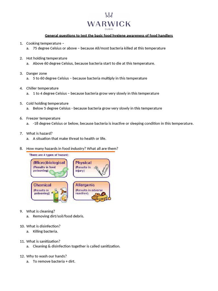 General Questions To Test The Basic Food Hygiene Awareness of Food ...