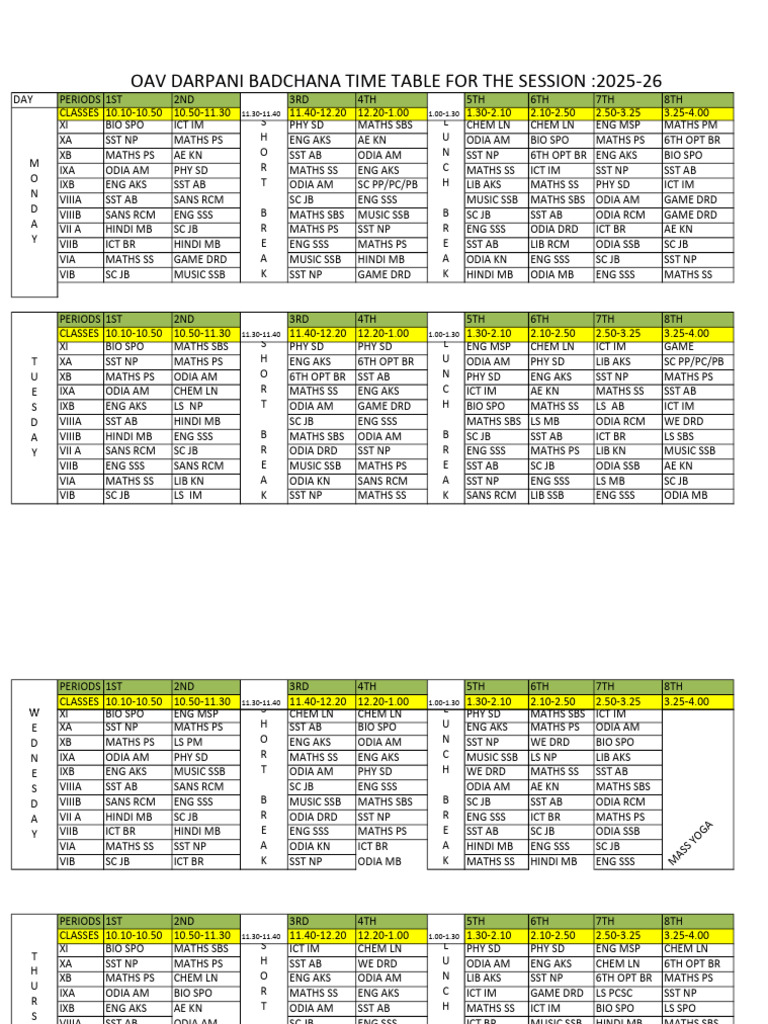 Updated Time Table Oav Dar 2025-26 | PDF