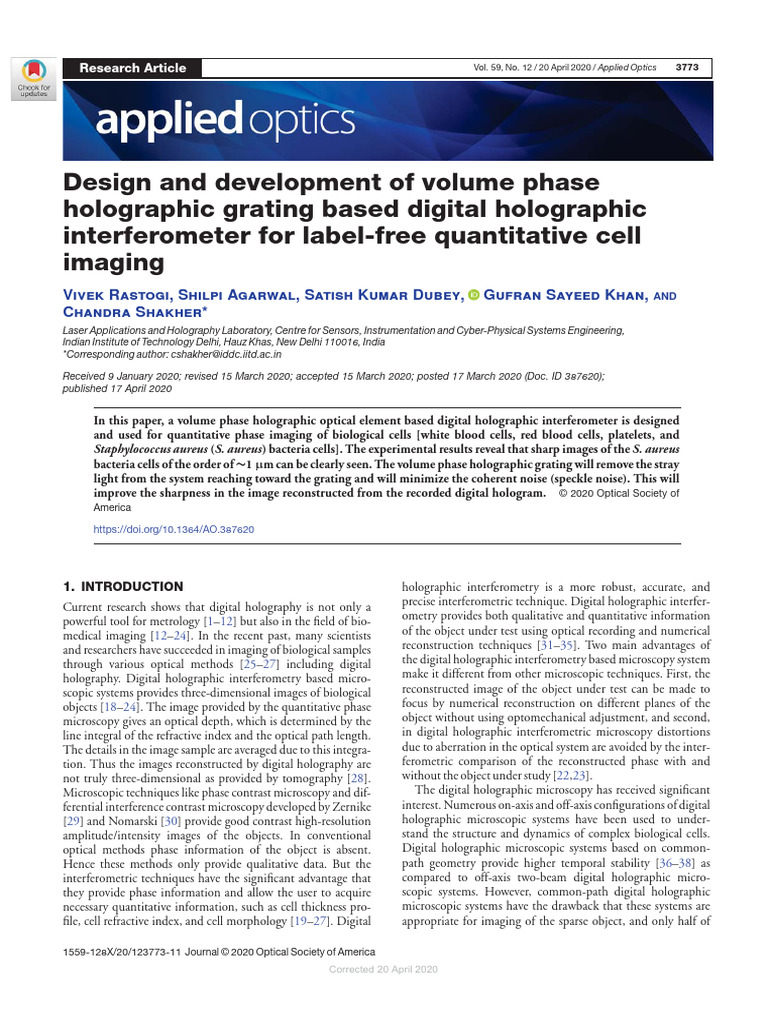 Digital Holographic Interferometer Design | PDF | Holography ...
