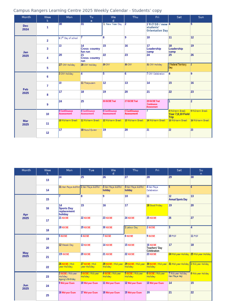 Academic Calendar 2025 Students'Copy 141124 | PDF | Observances