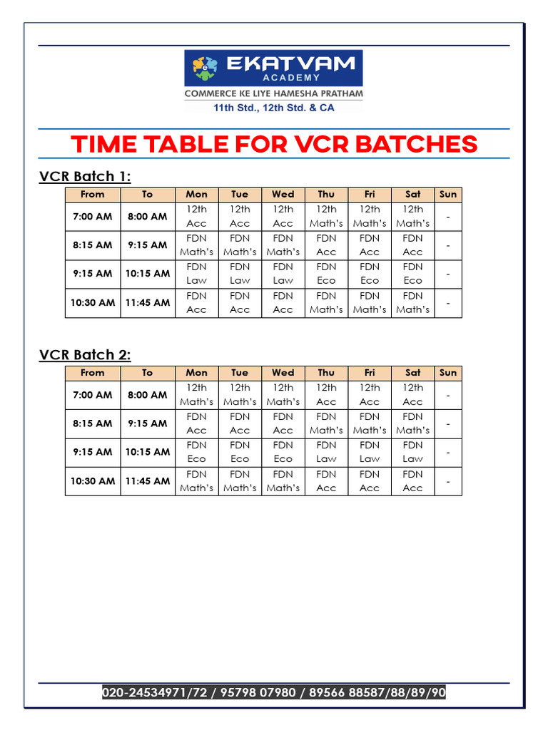 12th & FDN VCR Batches Time Table From June 2025 | PDF