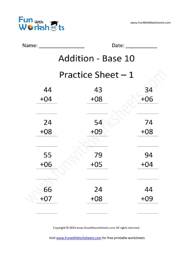 Vedic Addition Base10 Practice Worksheet 1 | PDF