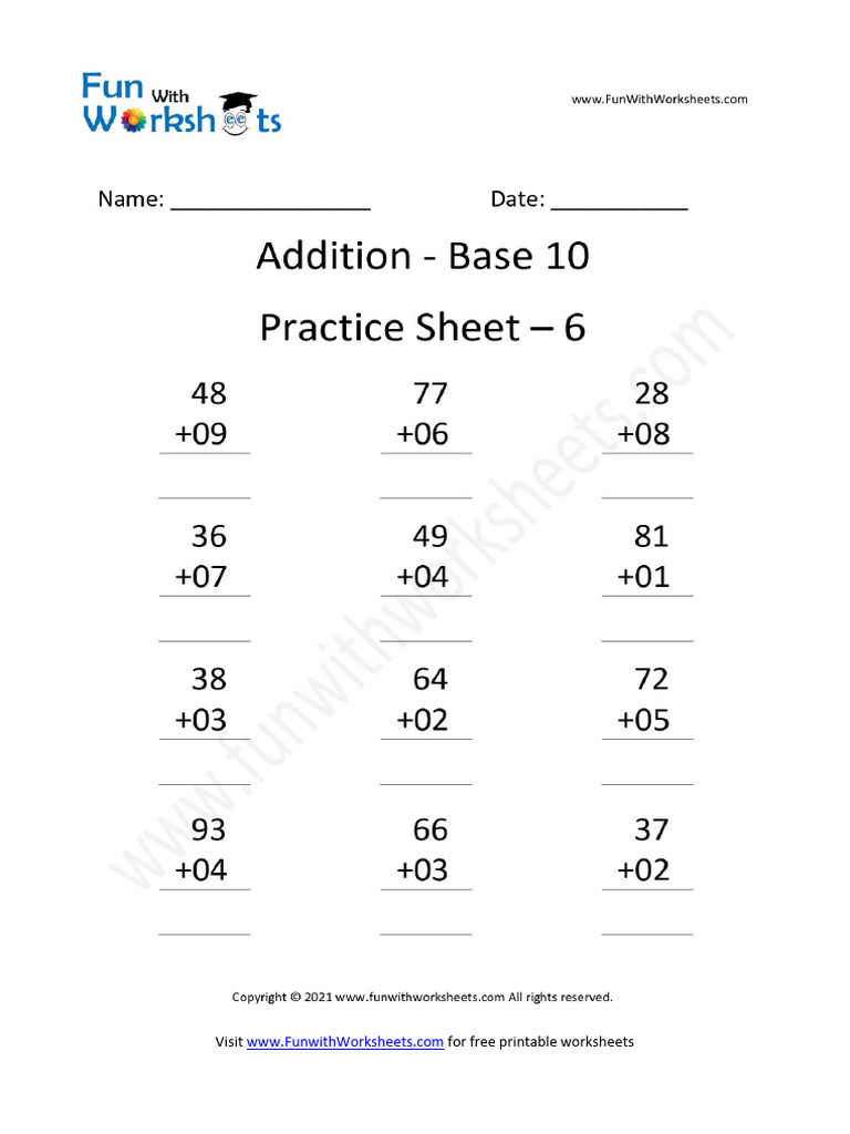 Vedic Addition Base10 Practice Worksheet 6 | PDF
