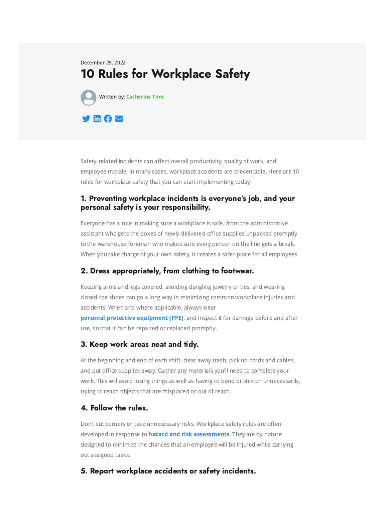 10 Rules For Workplace Safety | PDF | Occupational Safety And Health ...