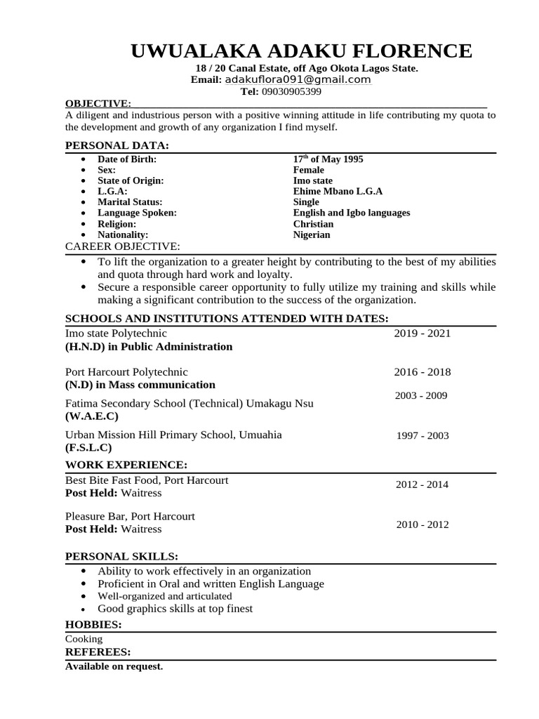 Professional CV of Adaku Florence | PDF