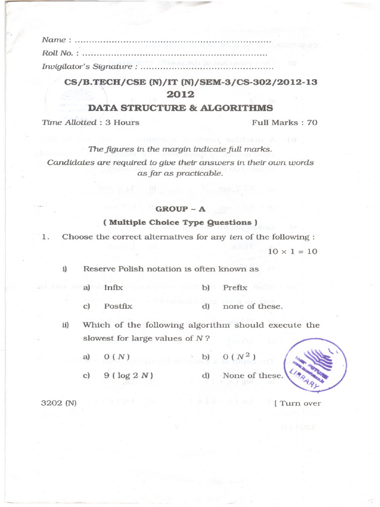 Data Structure & Algorithms - CS302 - 2012 | PDF