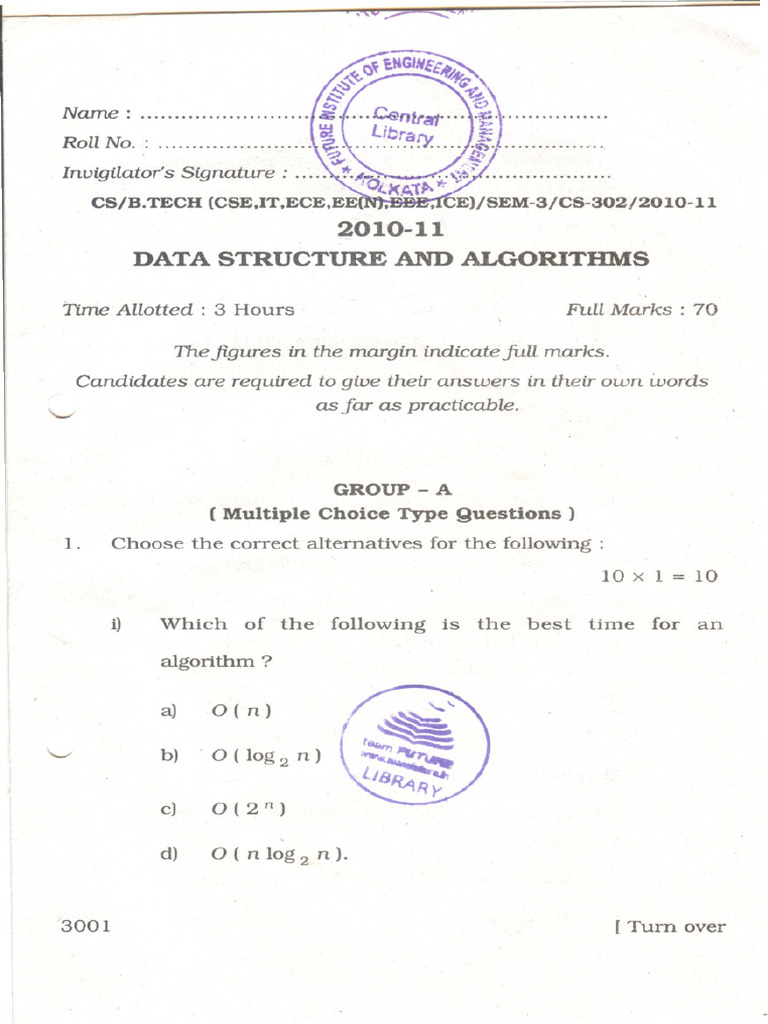 Data Structure and Algorithms - CS302 - 2010 | PDF