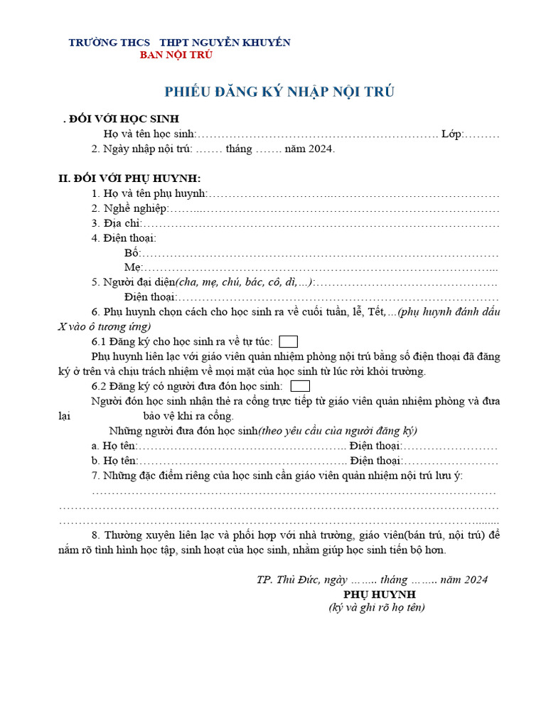 Phieu Dang Ky Nhap Noi Tru | PDF