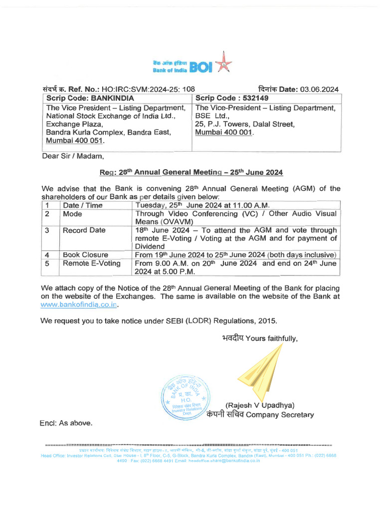 Bank of India 28th AGM Notice 2024 | PDF | Business | Knowledge Economy