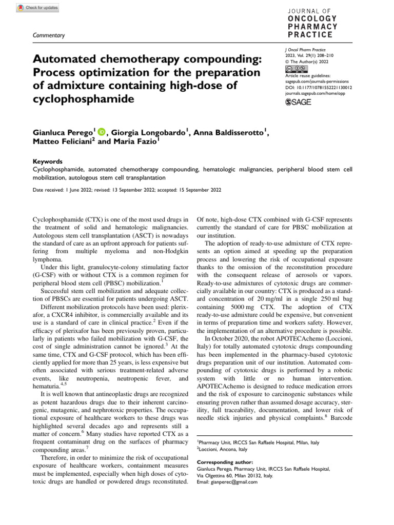 Perego Et Al 2022 Automated Chemotherapy Compounding Process ...