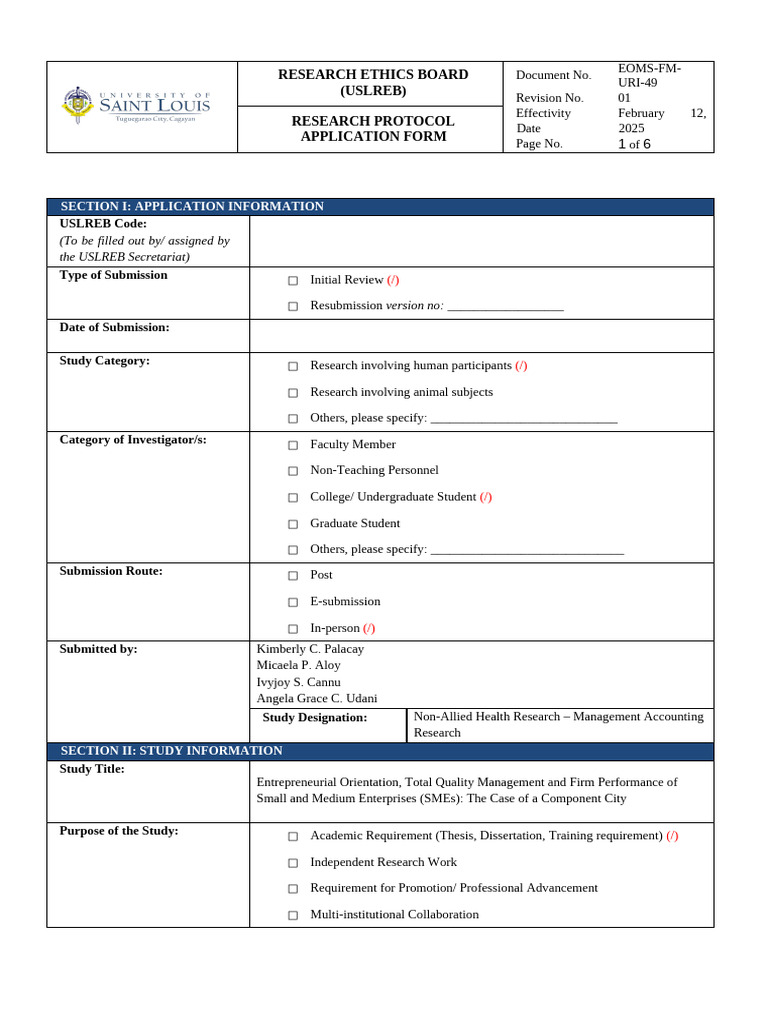 FM-URI-49 Research Protocol Application Form | PDF | Quality Management | Institutional Review Board
