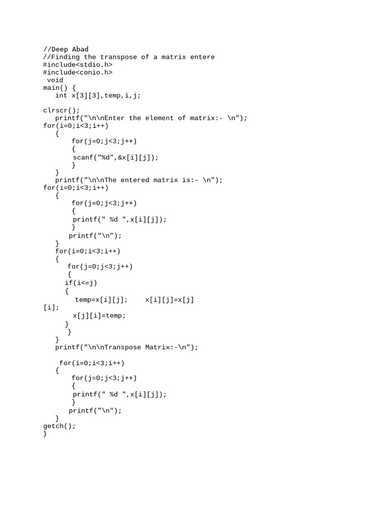 Finding The Transpose of A Matrix Entered. Soham | PDF