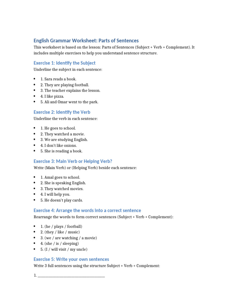 Parts of Sentences Worksheet | PDF