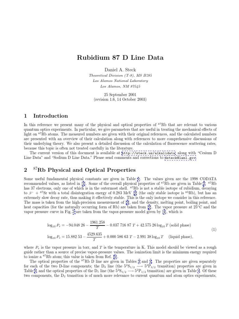 Rubidium 87 D Line Data: Daniel A. Steck | PDF | Physical Phenomena ...