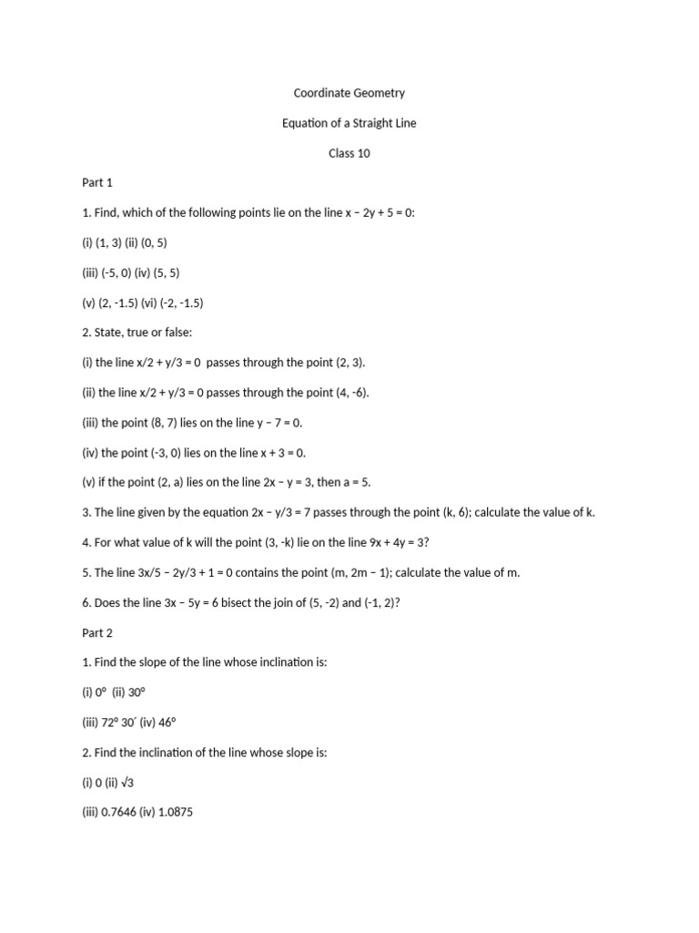 Coordinate Geometry - Eqn of A Straight Line - ICSE - Class 10 | PDF