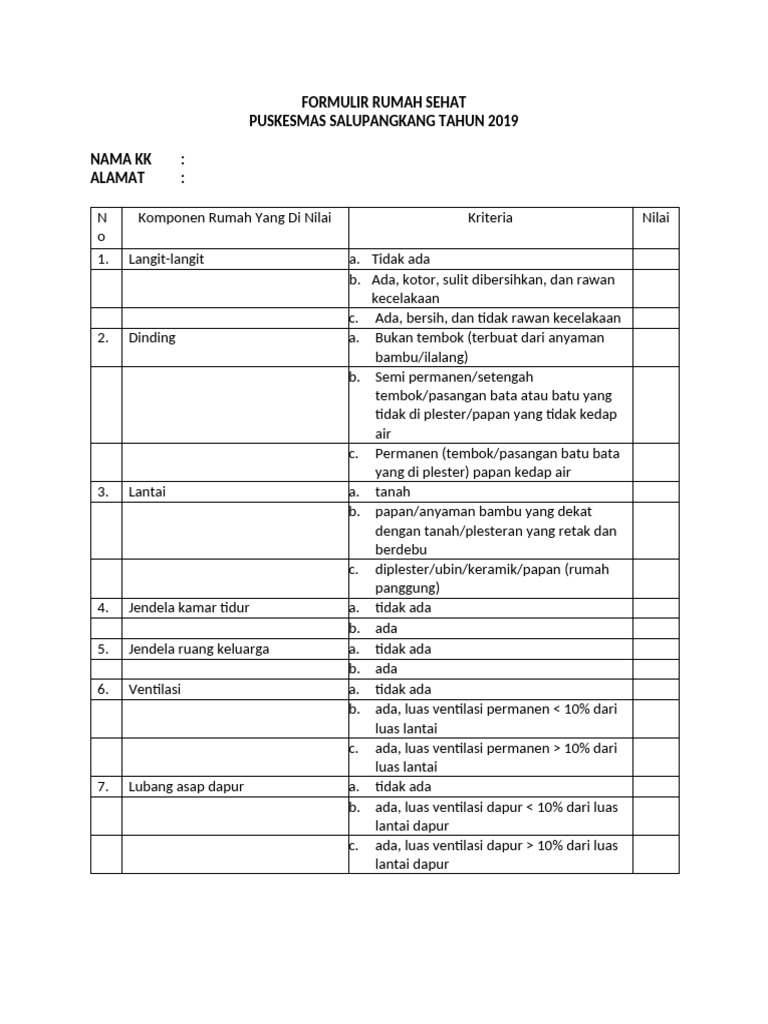 Contoh FORMULIR Inspeksi RUMAH SEHAT | PDF
