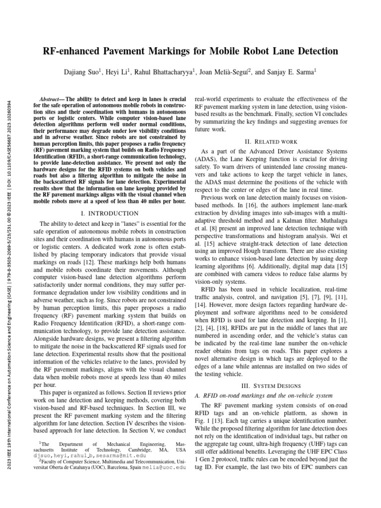 RF-Enhanced Pavement Markings For Mobile Robot Lane Detection | PDF | Radio Frequency Identification