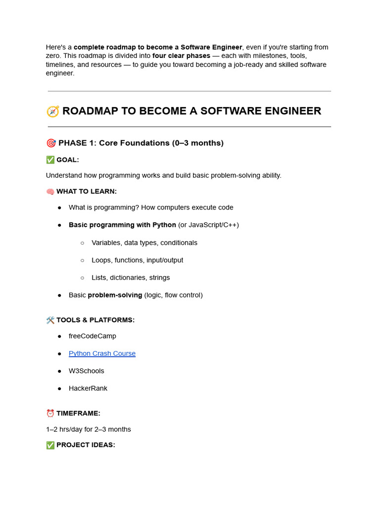 Roadmap To Become A Software Engineer | PDF | Computer Programming | Software Engineering