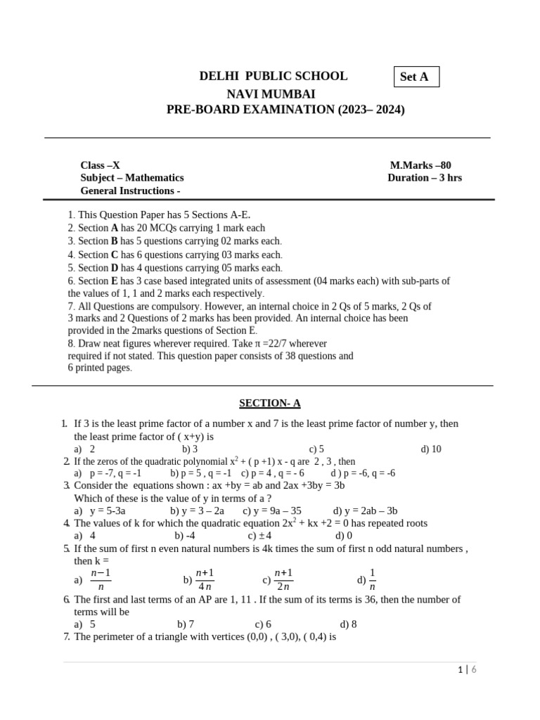 CL 10 Math Pre Board 1 Set A 2023 | PDF | Circle | Sphere